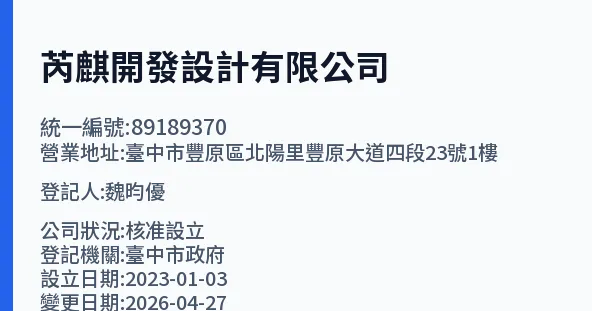芮麒開發設計有限公司的照片-統編 89189370(臺中市) 公司登記資料與營業項目詳細圖表