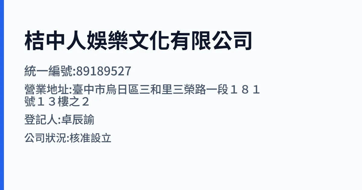 桔中人娛樂文化有限公司 - 統編 89189527(臺中市) 公司登記資料與營業項目詳細圖表