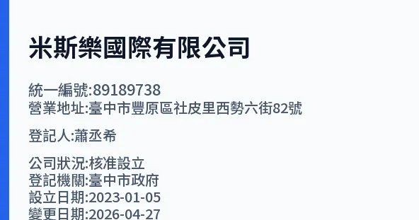 米斯樂國際有限公司的照片-統編 89189738(臺中市) 公司登記資料與營業項目詳細圖表