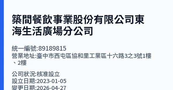 築間餐飲事業股份有限公司東海生活廣場分公司的照片-統編 89189815(臺中市) 公司登記資料與營業項目詳細圖表