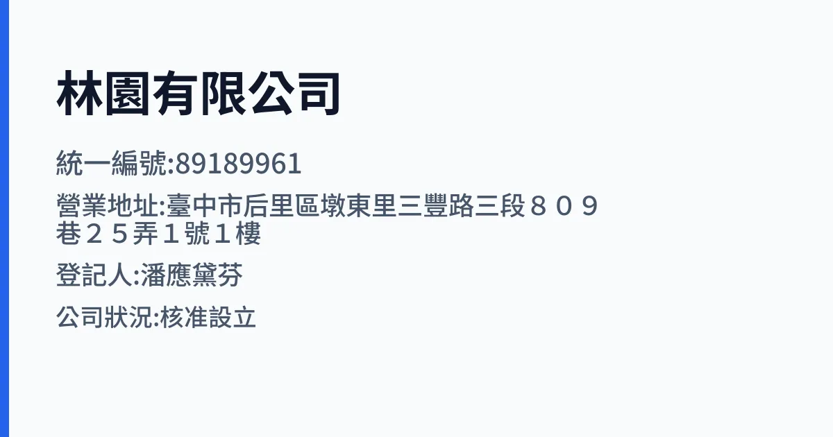 林園有限公司 - 統編 89189961(臺中市) 公司登記資料與營業項目詳細圖表