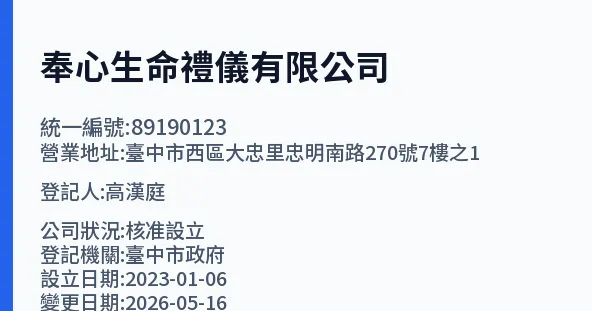 奉心生命禮儀有限公司的照片-統編 89190123(臺中市) 公司登記資料與營業項目詳細圖表
