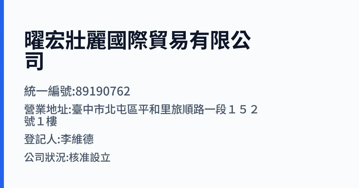 曜宏壯麗國際貿易有限公司 - 統編 89190762(南投縣) 公司登記資料與營業項目詳細圖表