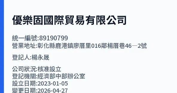 優樂固國際貿易有限公司的照片-統編 89190799(彰化縣) 公司登記資料與營業項目詳細圖表