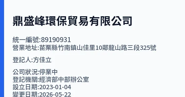 鼎盛峰環保貿易有限公司的照片-統編 89190931(苗栗縣) 公司登記資料與營業項目詳細圖表