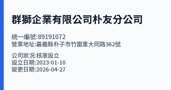 群獅企業有限公司朴友分公司的照片-統編 89191072(嘉義縣) 公司登記資料與營業項目詳細圖表