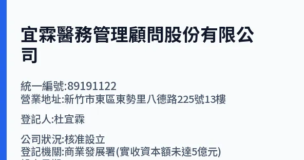 宜霖醫務管理顧問股份有限公司的照片-統編 89191122(新竹市) 公司登記資料與營業項目詳細圖表