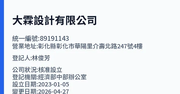 大霖設計有限公司的照片-統編 89191143(彰化縣) 公司登記資料與營業項目詳細圖表