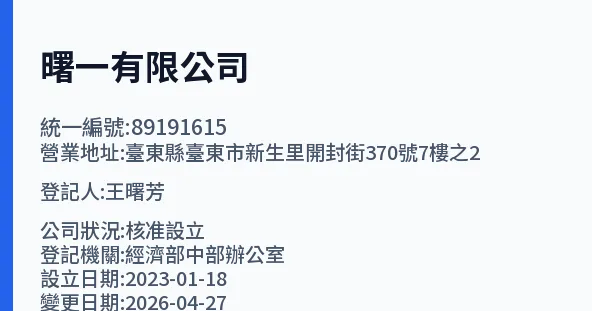 曙一有限公司的照片-統編 89191615(臺東縣) 公司登記資料與營業項目詳細圖表