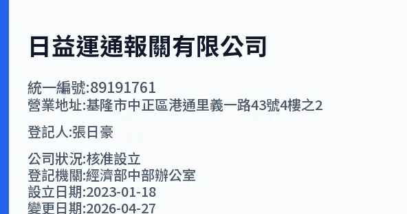 日益運通報關有限公司的照片-統編 89191761(基隆市) 公司登記資料與營業項目詳細圖表