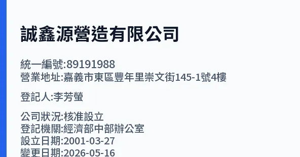 誠鑫源營造有限公司的照片-統編 89191988(嘉義市) 公司登記資料與營業項目詳細圖表