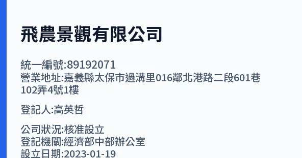 飛農景觀有限公司的照片-統編 89192071(嘉義縣) 公司登記資料與營業項目詳細圖表