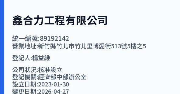 鑫合力工程有限公司的照片-統編 89192142(新竹縣) 公司登記資料與營業項目詳細圖表