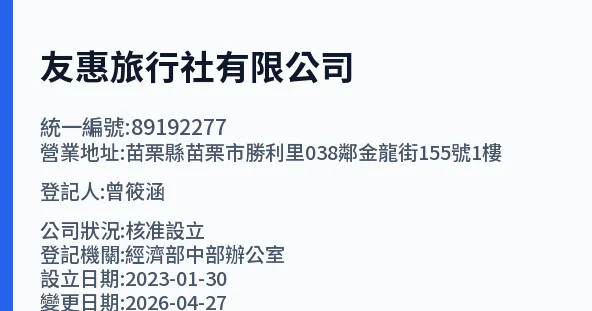 友惠旅行社有限公司的照片-統編 89192277(苗栗縣) 公司登記資料與營業項目詳細圖表