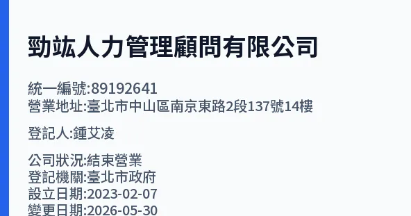 勁竑人力管理顧問有限公司的照片-統編 89192641(臺北市) 公司登記資料與營業項目詳細圖表
