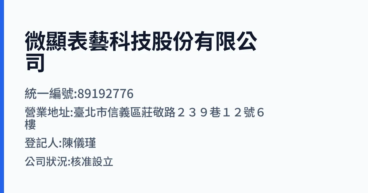 微顯表藝科技股份有限公司 - 統編 89192776(臺北市) 公司登記資料與營業項目詳細圖表