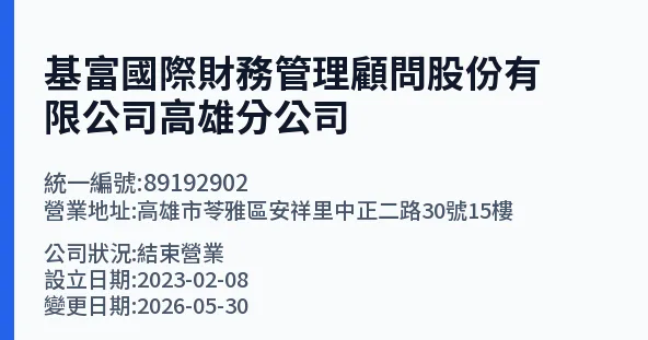 基富國際財務管理顧問股份有限公司高雄分公司的照片-統編 89192902(高雄市) 公司登記資料與營業項目詳細圖表