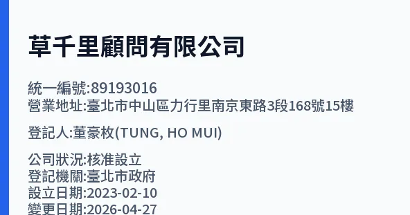 草千里顧問有限公司的照片-統編 89193016(臺北市) 公司登記資料與營業項目詳細圖表