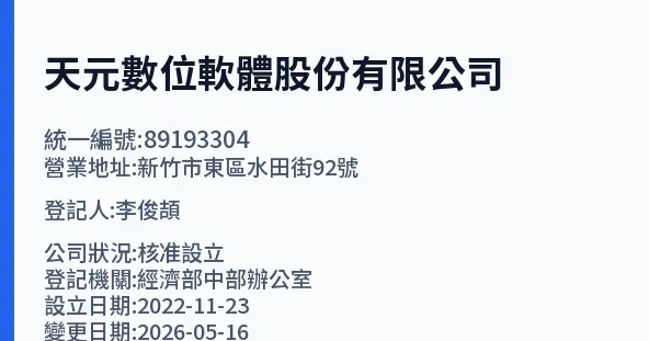 天元數位軟體股份有限公司的照片-統編 89193304(新竹市) 公司登記資料與營業項目詳細圖表