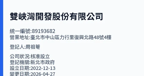 雙峽灣開發股份有限公司的照片-統編 89193682(臺北市) 公司登記資料與營業項目詳細圖表