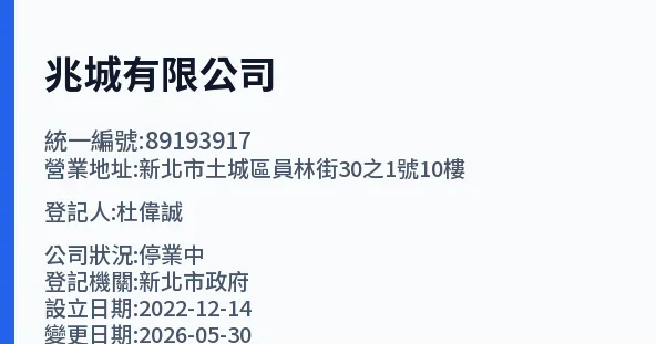 兆城有限公司的照片-統編 89193917(新北市) 公司登記資料與營業項目詳細圖表
