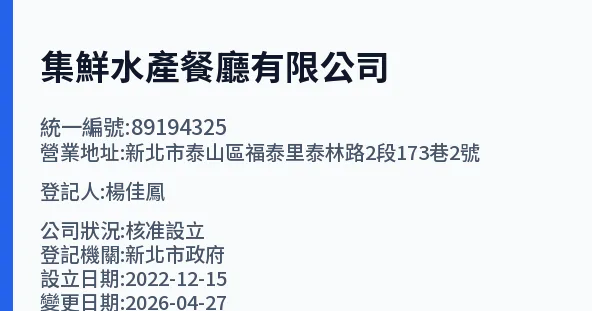 集鮮水產餐廳有限公司的照片-統編 89194325(新北市) 公司登記資料與營業項目詳細圖表