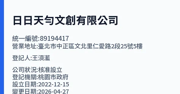 日日天勻文創有限公司的照片-統編 89194417(臺北市) 公司登記資料與營業項目詳細圖表