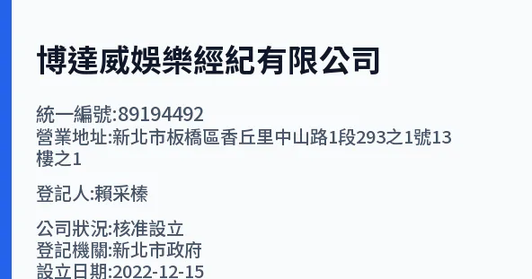 博達威娛樂經紀有限公司的照片-統編 89194492(新北市) 公司登記資料與營業項目詳細圖表