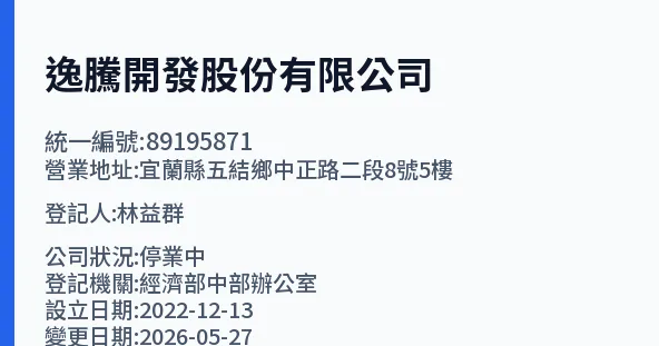 逸騰開發股份有限公司的照片-統編 89195871(宜蘭縣) 公司登記資料與營業項目詳細圖表