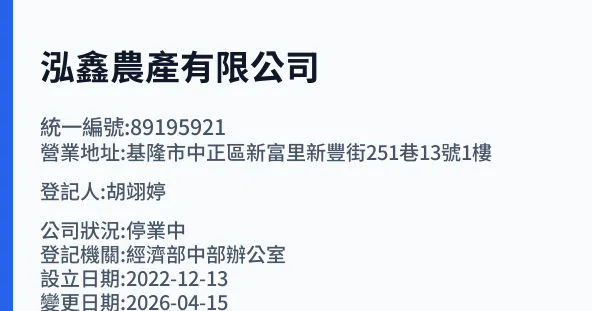 泓鑫農產有限公司的照片-統編 89195921(基隆市) 公司登記資料與營業項目詳細圖表