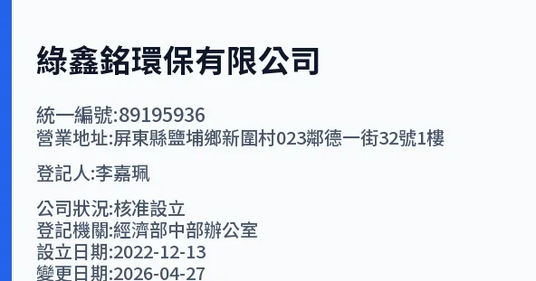 綠鑫銘環保有限公司的照片-統編 89195936(屏東縣) 公司登記資料與營業項目詳細圖表