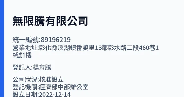 無限騰有限公司的照片-統編 89196219(彰化縣) 公司登記資料與營業項目詳細圖表