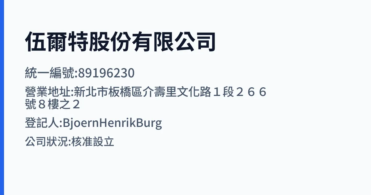 伍爾特股份有限公司 - 統編 89196230(新北市) 公司登記資料與營業項目詳細圖表