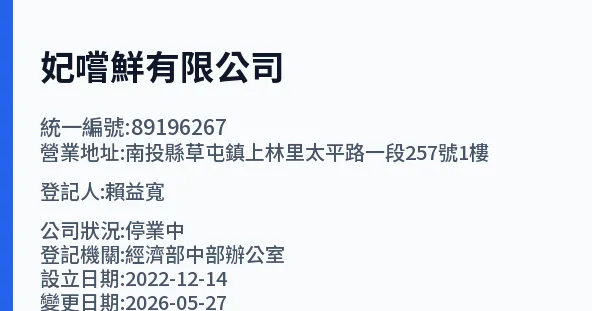 妃嚐鮮有限公司的照片-統編 89196267(南投縣) 公司登記資料與營業項目詳細圖表
