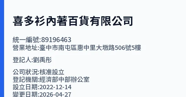 喜多衫內著百貨有限公司的照片-統編 89196463(臺中市) 公司登記資料與營業項目詳細圖表