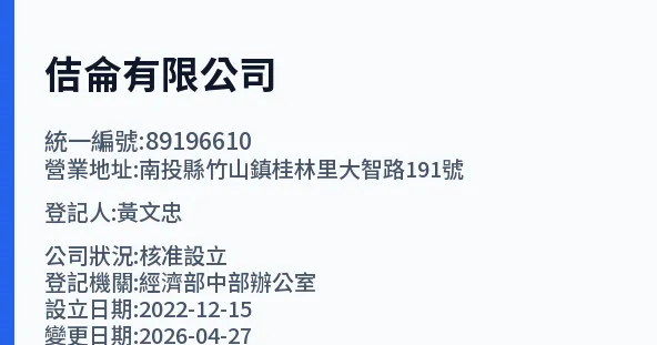 佶侖有限公司的照片-統編 89196610(南投縣) 公司登記資料與營業項目詳細圖表