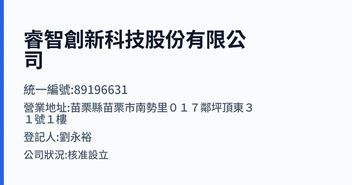 睿智創新科技股份有限公司 - 統編 89196631（苗栗縣） 公司登記資料與營業項目詳細圖表