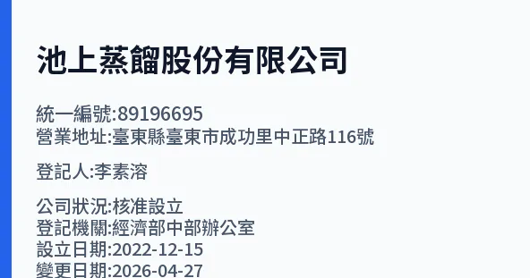 池上蒸餾股份有限公司的照片-統編 89196695(臺東縣) 公司登記資料與營業項目詳細圖表