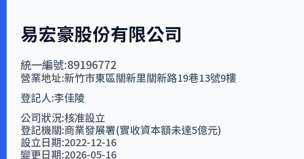 易宏豪股份有限公司的照片-統編 89196772(新竹市) 公司登記資料與營業項目詳細圖表