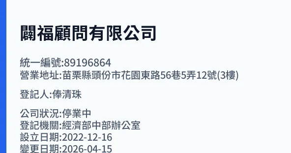 闢福顧問有限公司的照片-統編 89196864(苗栗縣) 公司登記資料與營業項目詳細圖表
