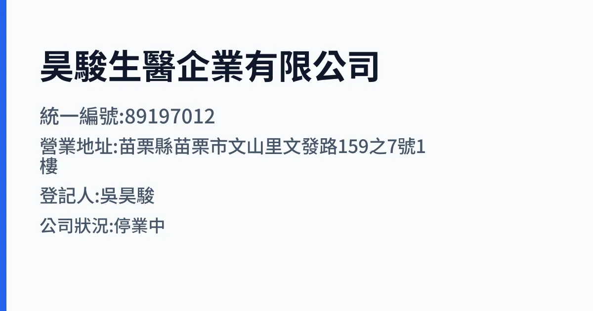 昊駿生醫企業有限公司 - 統編 89197012(苗栗縣) 公司登記資料與營業項目詳細圖表