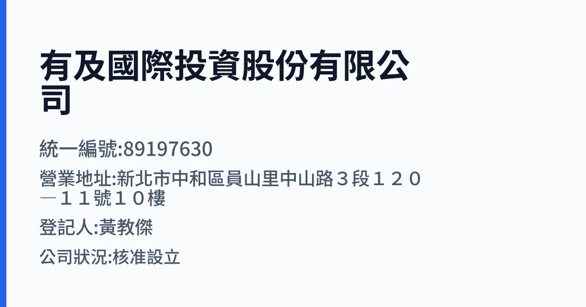 有及國際投資股份有限公司 - 統編 89197630(新北市) 公司登記資料與營業項目詳細圖表