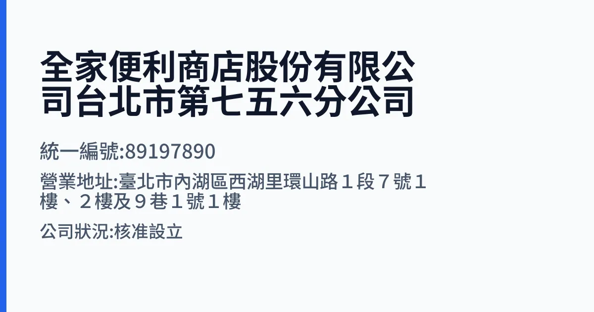 全家便利商店股份有限公司台北市第七五六分公司 - 統編 89197890(臺北市) 公司登記資料與營業項目詳細圖表