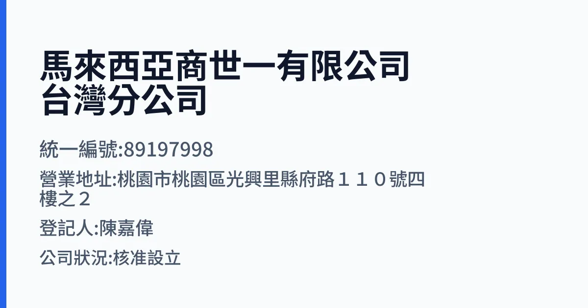 馬來西亞商世一有限公司台灣分公司 - 統編 89197998(桃園市) 公司登記資料與營業項目詳細圖表