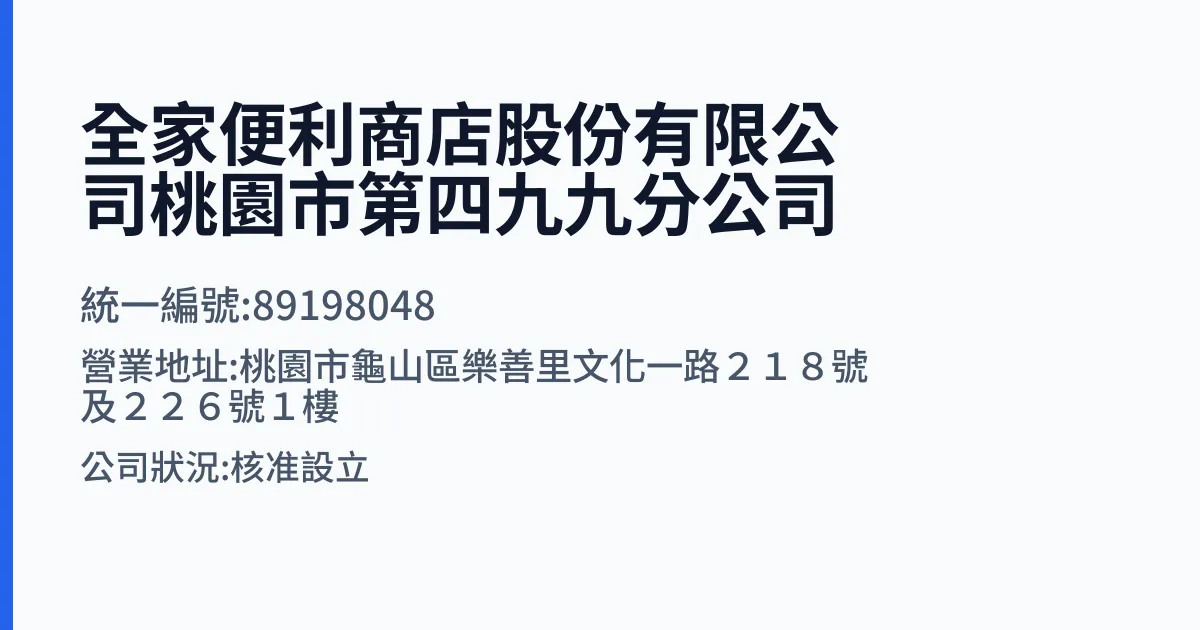 全家便利商店股份有限公司桃園市第四九九分公司 - 統編 89198048(桃園市) 公司登記資料與營業項目詳細圖表