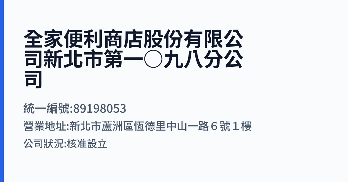 全家便利商店股份有限公司新北市第一○九八分公司 - 統編 89198053(新北市) 公司登記資料與營業項目詳細圖表