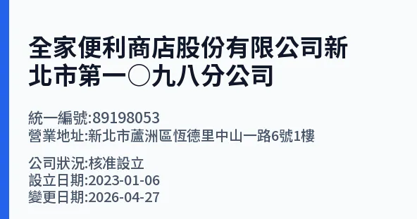 全家便利商店股份有限公司新北市第一○九八分公司的照片-統編 89198053(新北市) 公司登記資料與營業項目詳細圖表