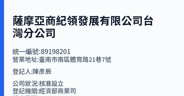 薩摩亞商紀領發展有限公司台灣分公司的照片-統編 89198201(臺南市) 公司登記資料與營業項目詳細圖表