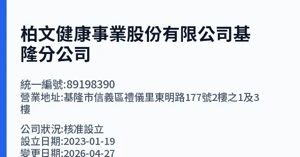 柏文健康事業股份有限公司基隆分公司的照片-統編 89198390(基隆市) 公司登記資料與營業項目詳細圖表