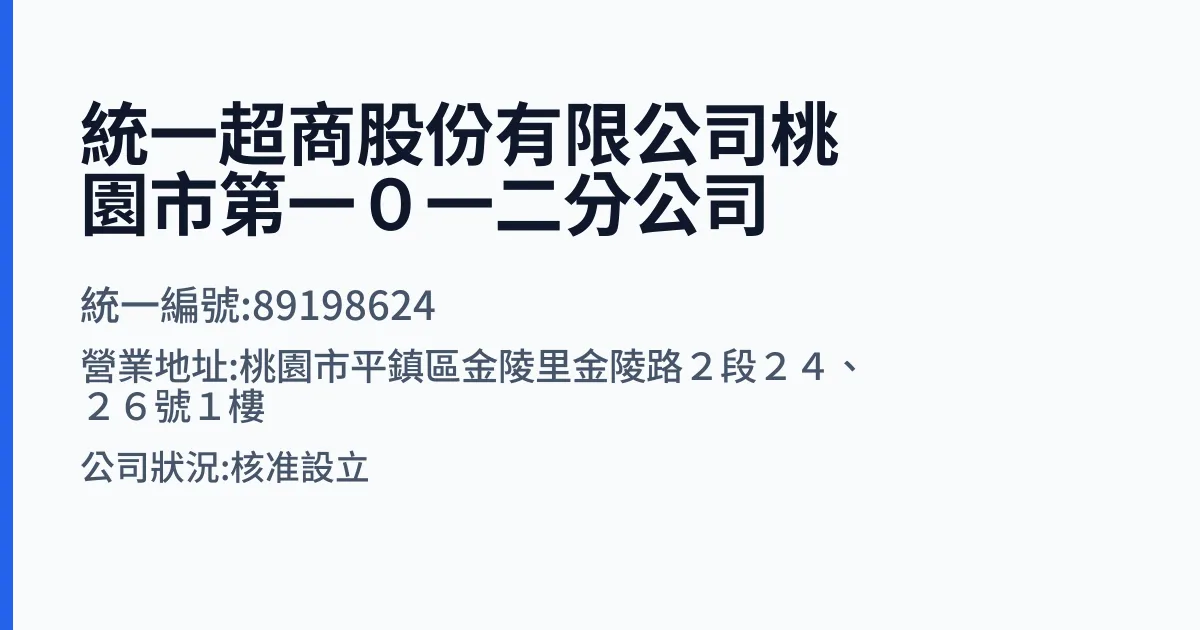 統一超商股份有限公司桃園市第一０一二分公司 - 統編 89198624(桃園市) 公司登記資料與營業項目詳細圖表